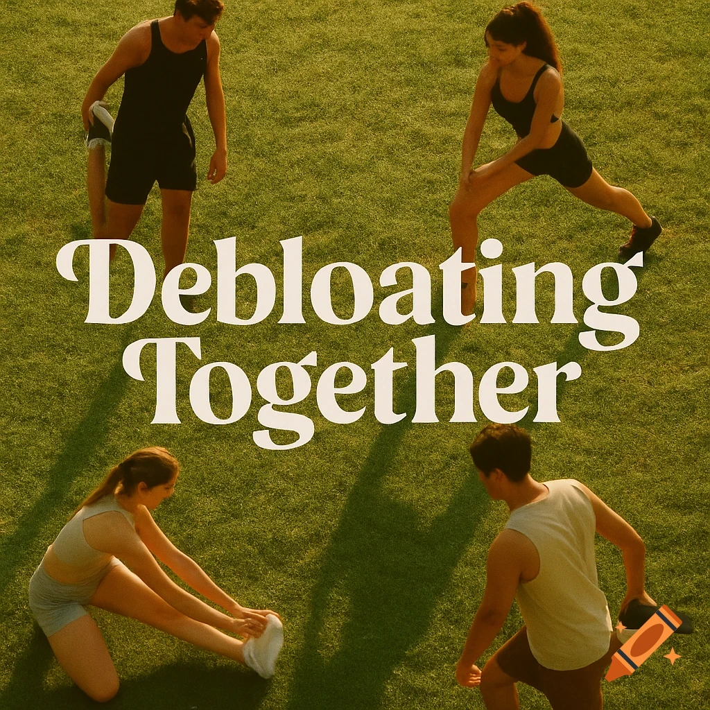 Four people stretch on grass under cinematic light with 'Debloating Together' text overlay. on ...