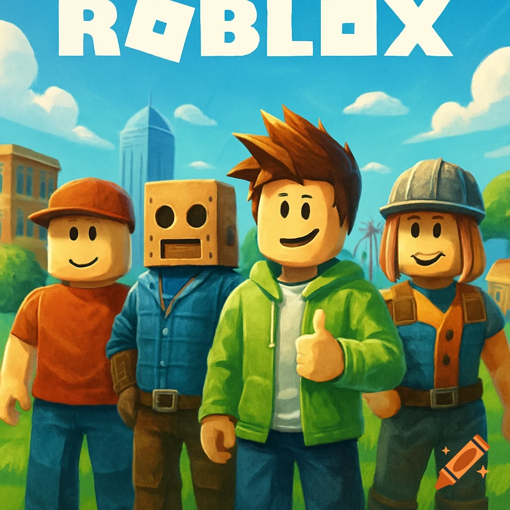 Four Roblox-like characters stand together under the sky, one giving a ...