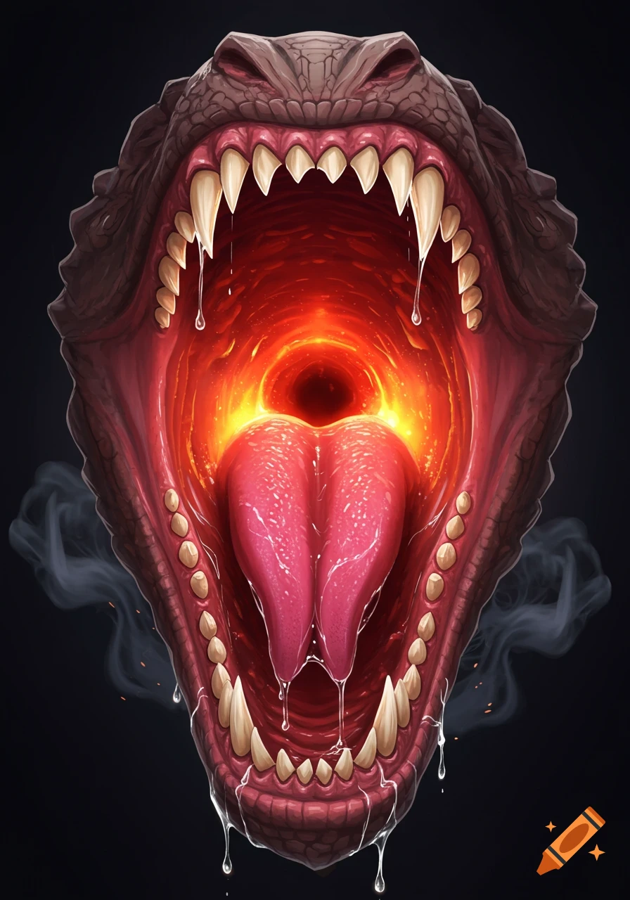 Close-up inside a roaring dragon's mouth with sharp teeth, dripping ...