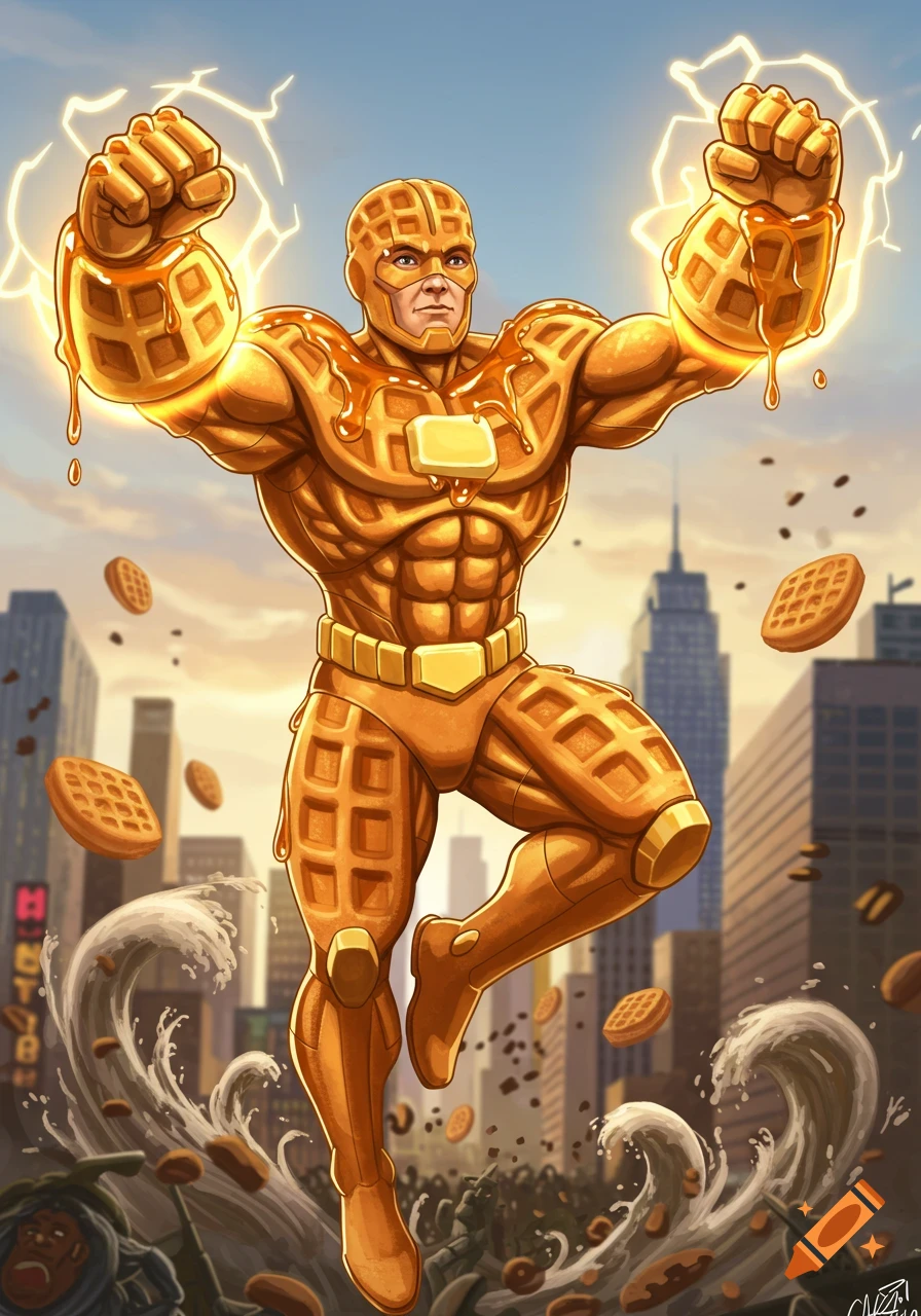Digital painting of a waffle superhero flying over a city, powering up ...