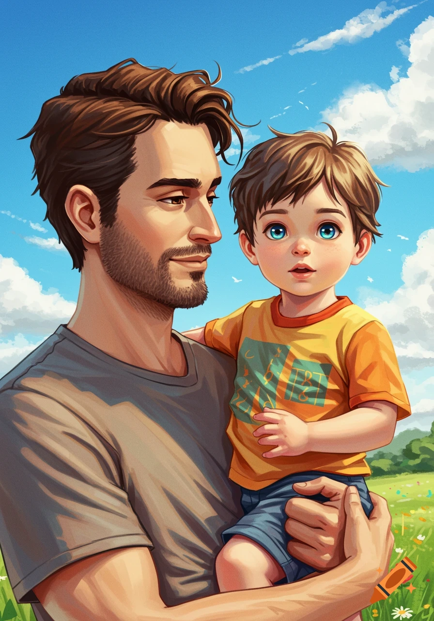 Illustration of a smiling father holding his young son outdoors with a ...