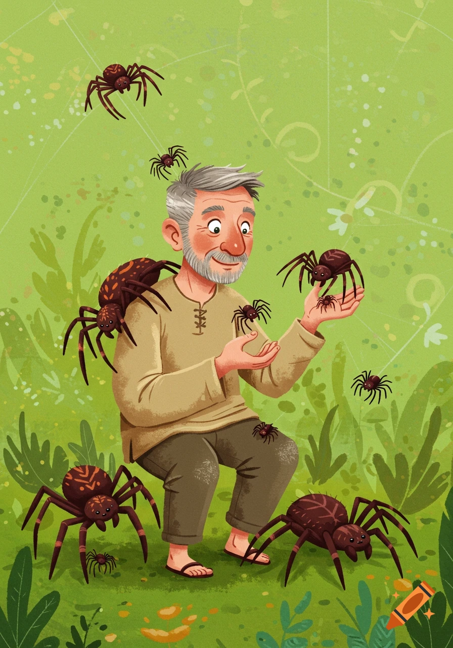 Cartoon illustration of a man interacting with friendly spiders in a ...