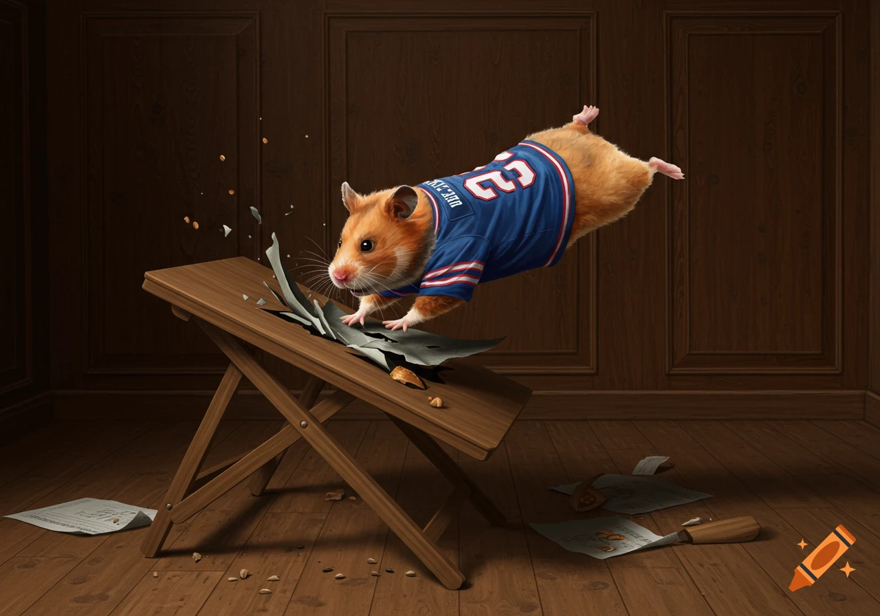A hamster wearing a Buffalo Bills jersey jumps onto a folding table ...