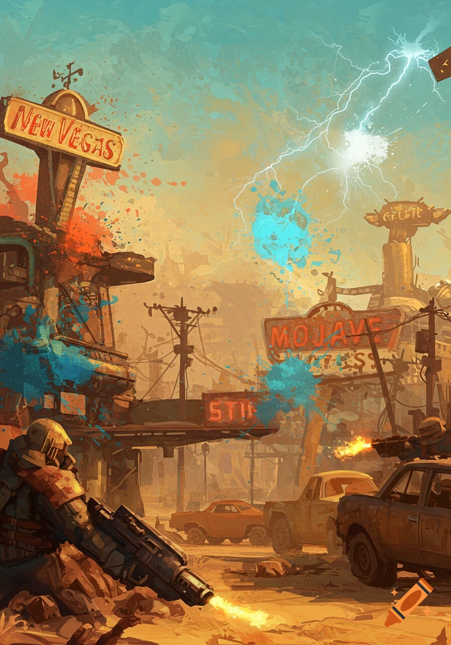 Post-apocalyptic landscape with signs 'New Vegas' and 'Mojave', armored ...