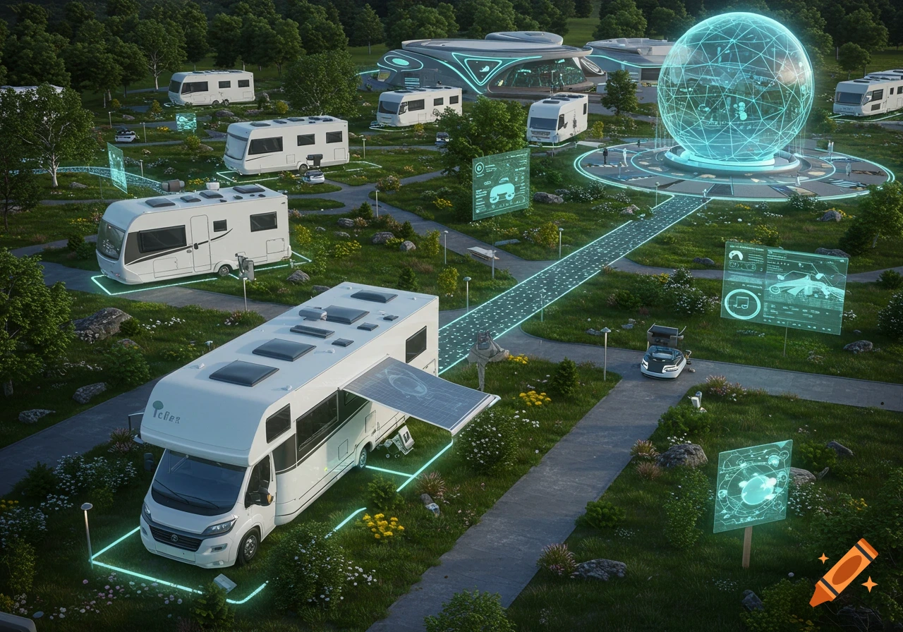 Futuristic RV park with advanced technology, glowing pathways ...