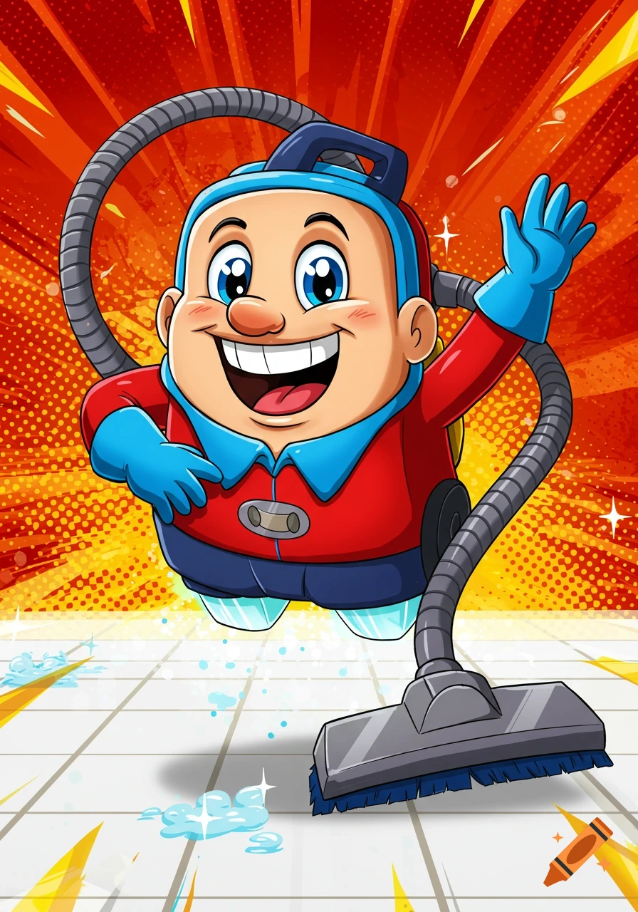 Cartoon character superhero vacuum cleaner flying over a tile floor on ...