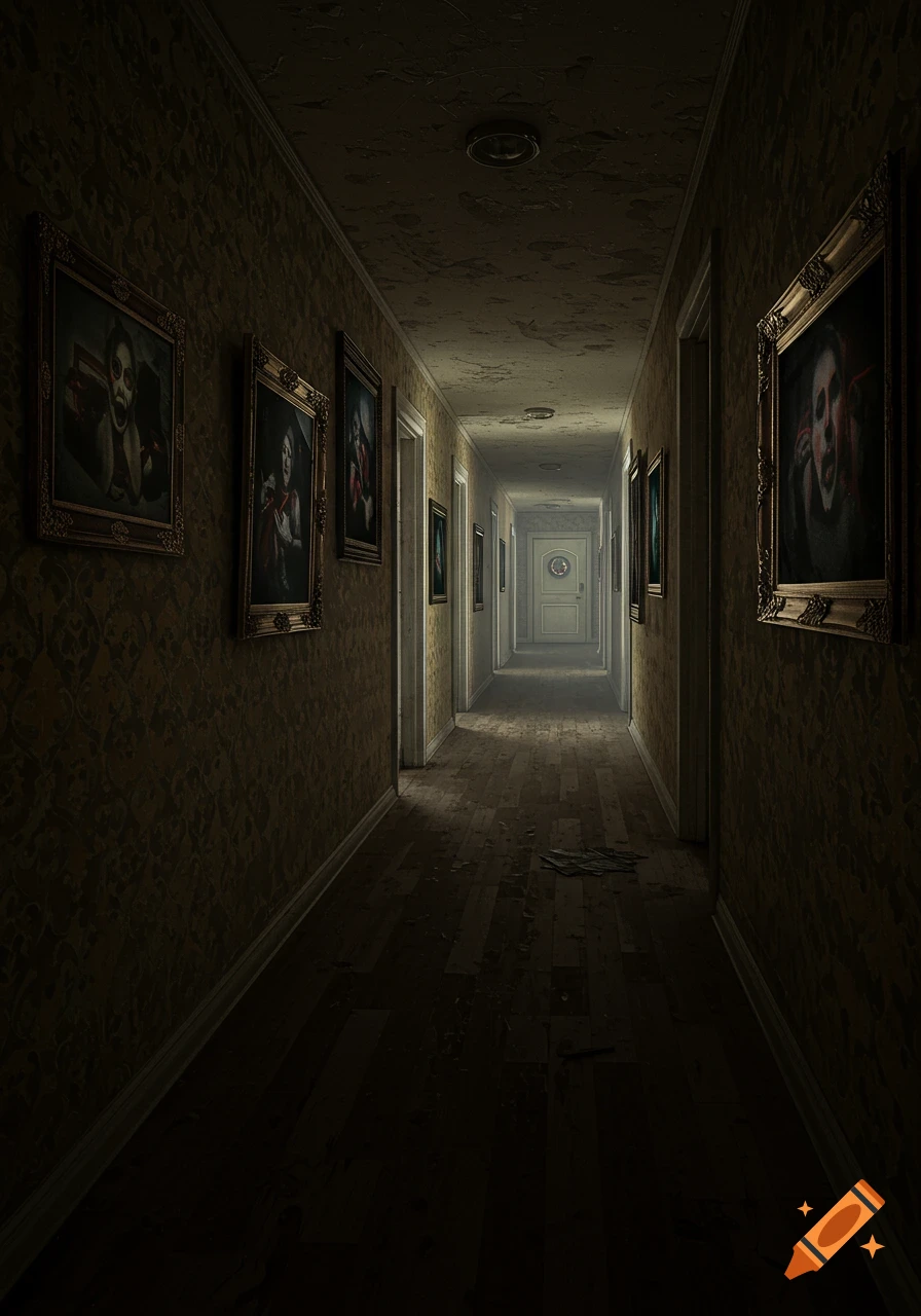 A dark, creepy hallway with peeling wallpaper and eerie, distorted ...