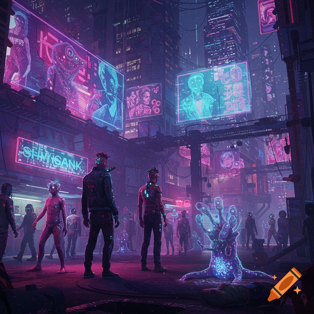 Cyberpunk street scene with neon signs, futuristic figures, and strange ...