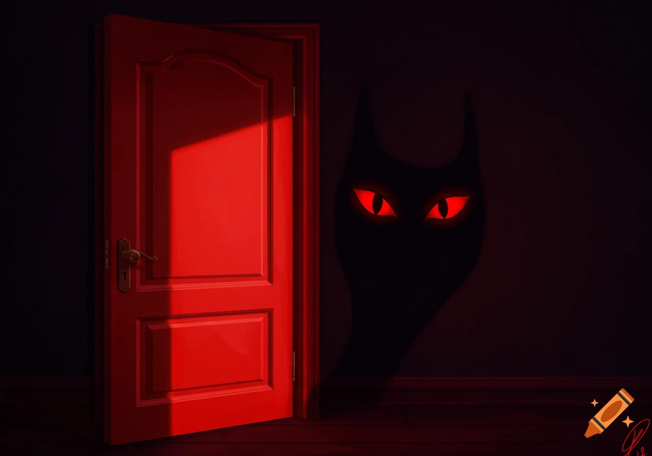 An open red door with a shadow having red eyes on the wall. on Craiyon