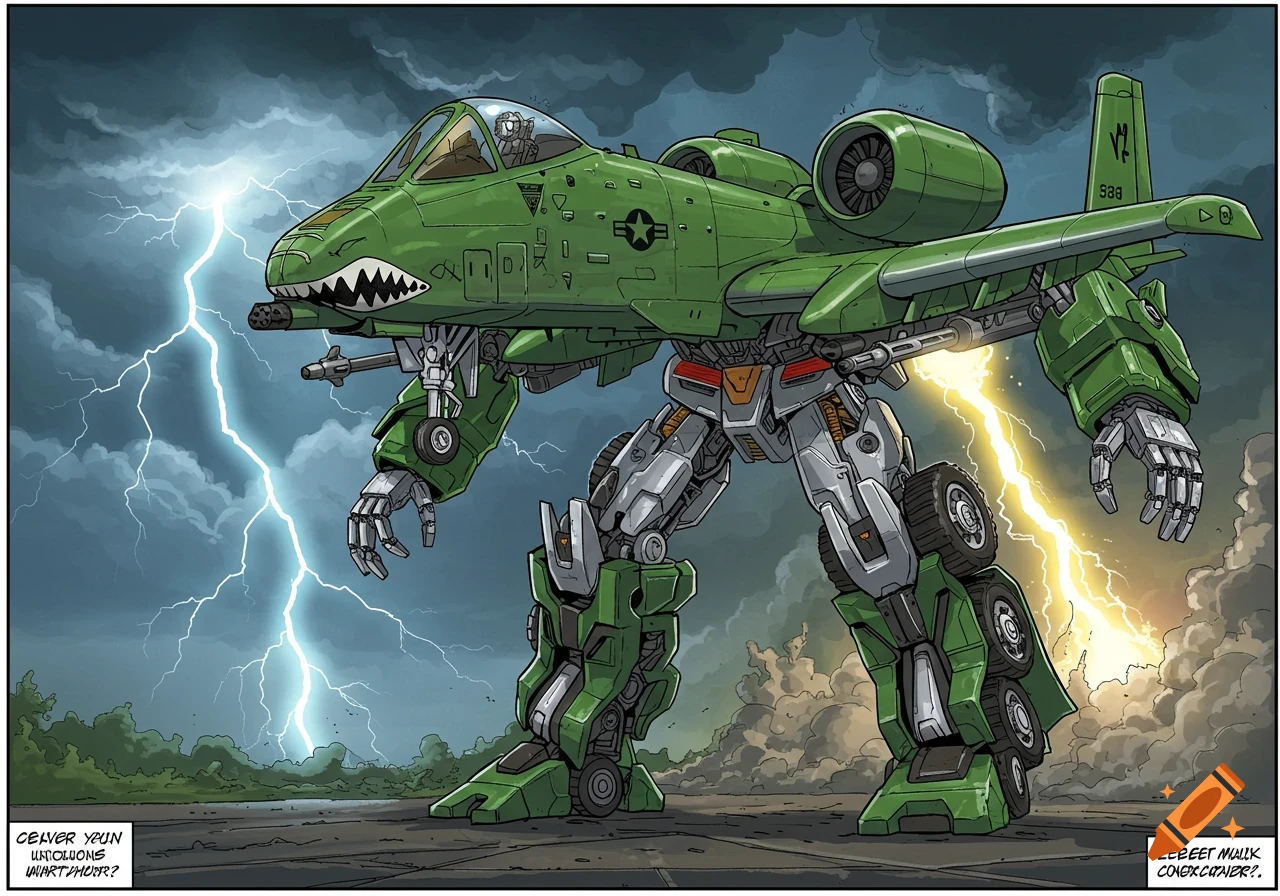 Comic art of a green A-10 Warthog transformer robot standing on a ...