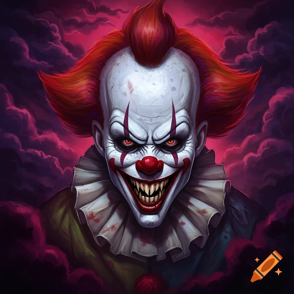A scary clown with sharp teeth and red eyes smiles menacingly against a ...