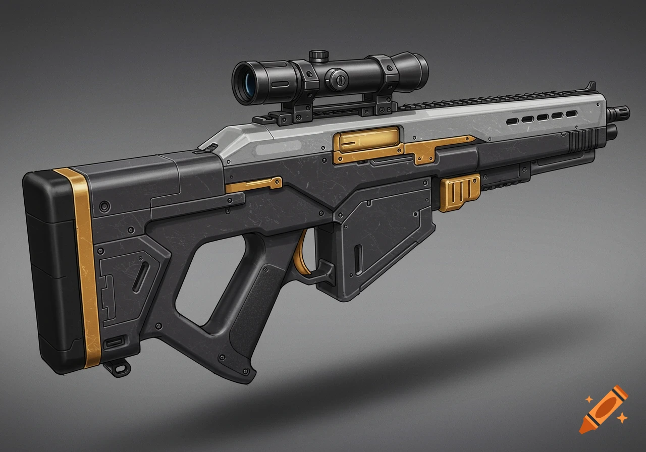 Side view illustration of a futuristic black and gold rifle with a ...