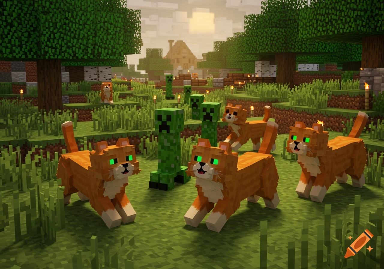 Minecraft scene with orange cats chasing creepers in a grassy field. on ...