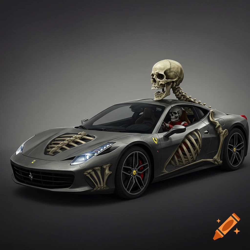 Grey sports car modified with skeleton parts, driven by a skeleton. on ...