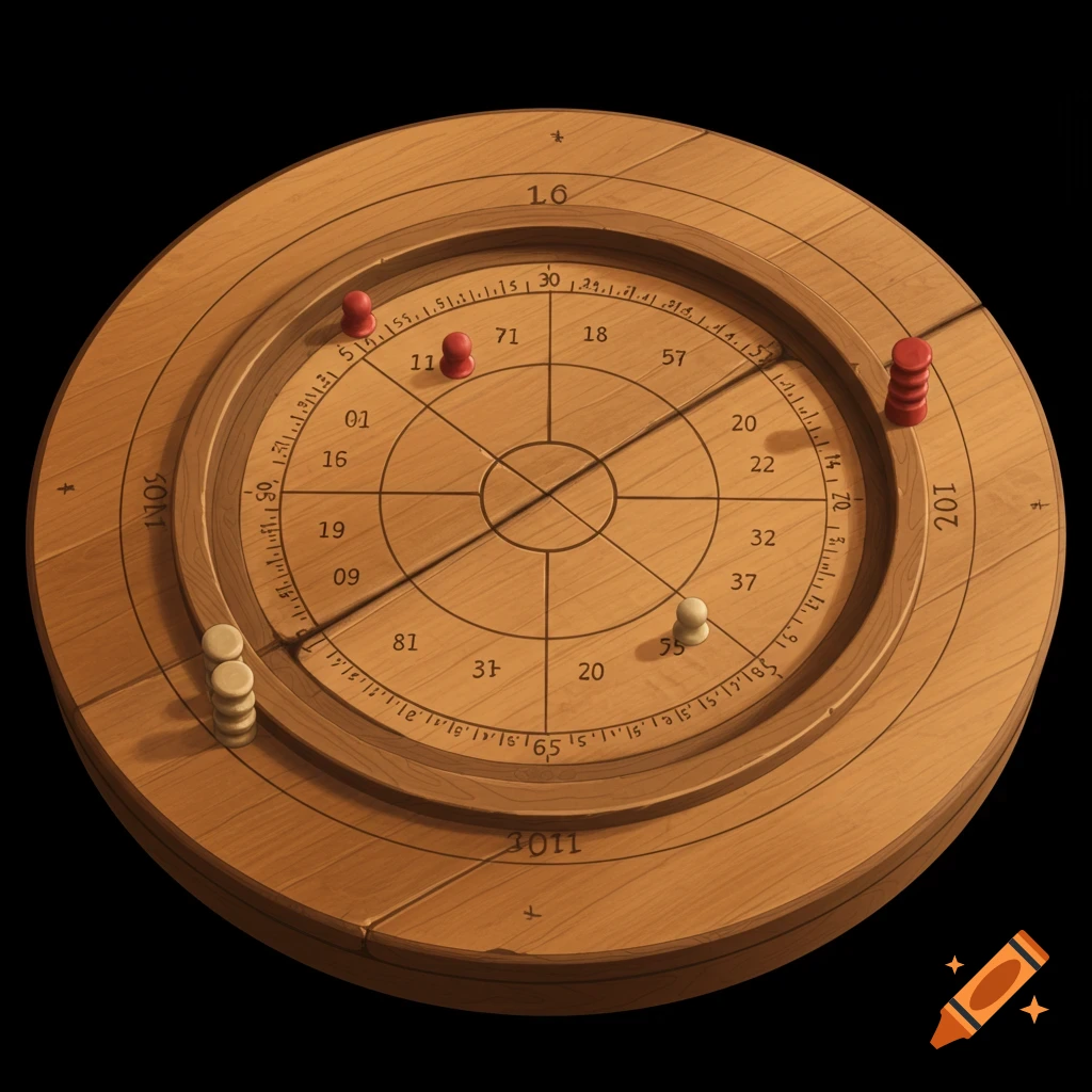 A wooden circular game board with numbered segments, pins, and counters ...