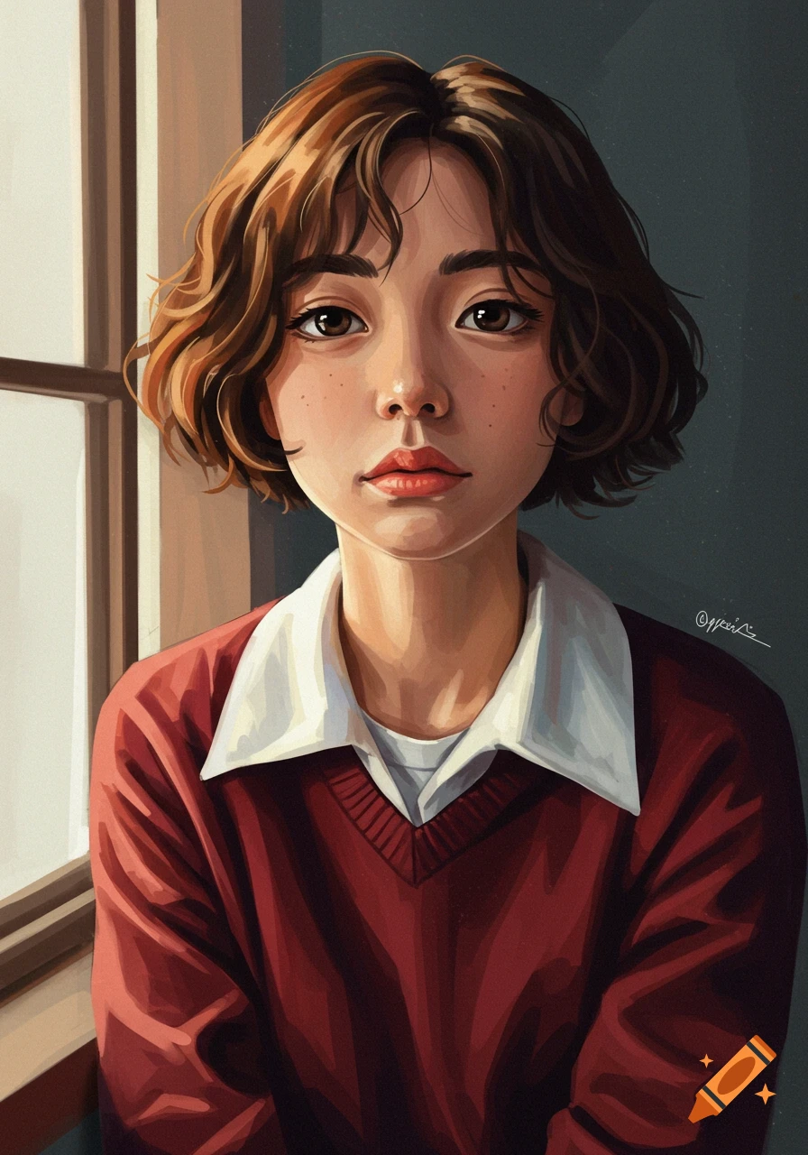 Digital painting of a young woman with short hair and freckles wearing ...
