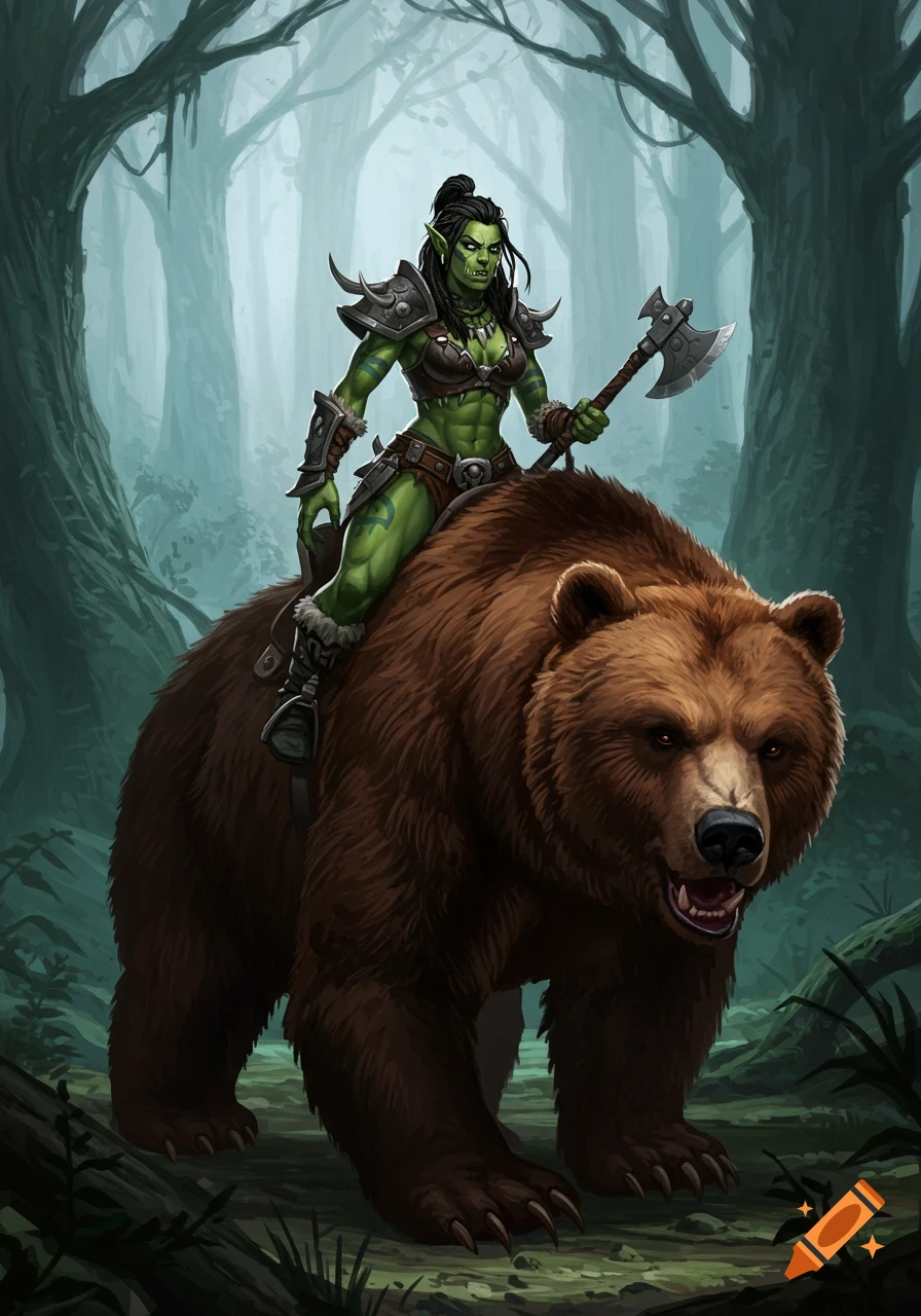 Fantasy illustration of an orc female warrior riding a brown bear ...