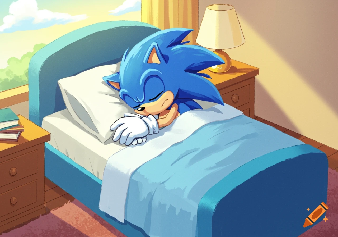 Sonic the Hedgehog sleeping soundly in a bed in a sunny room. on Craiyon