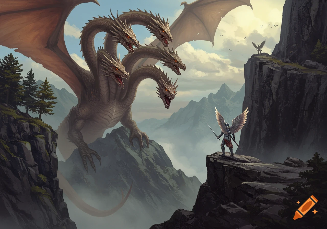 A multi-headed dragon looms over an armored angel on a mountain cliff ...