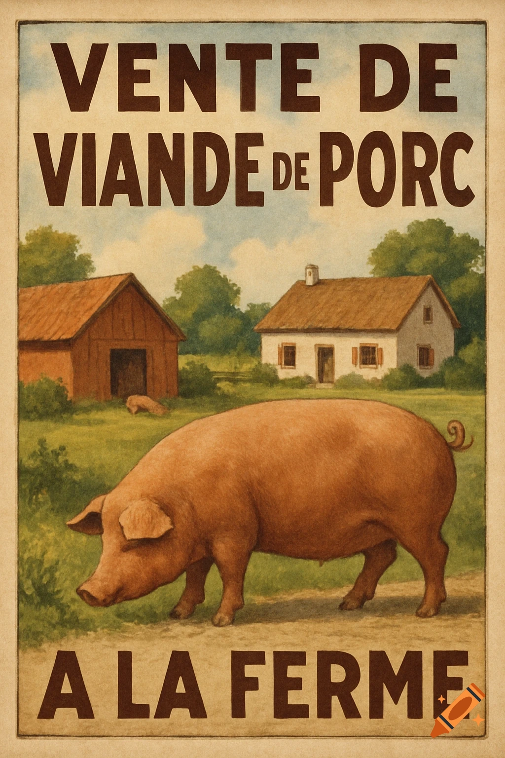 Vintage style poster advertising pork sales at the farm, showing a pig ...