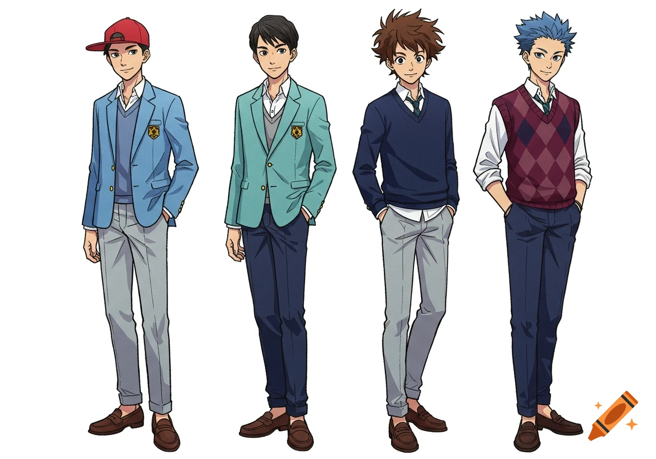 Anime style illustration of four teenage boys in school blazers. on Craiyon