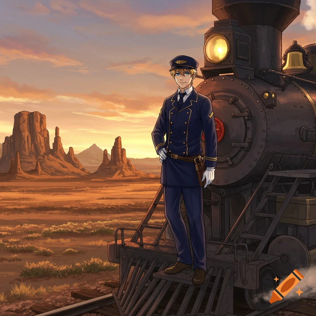 Anime train conductor stands on a train in a western desert landscape ...