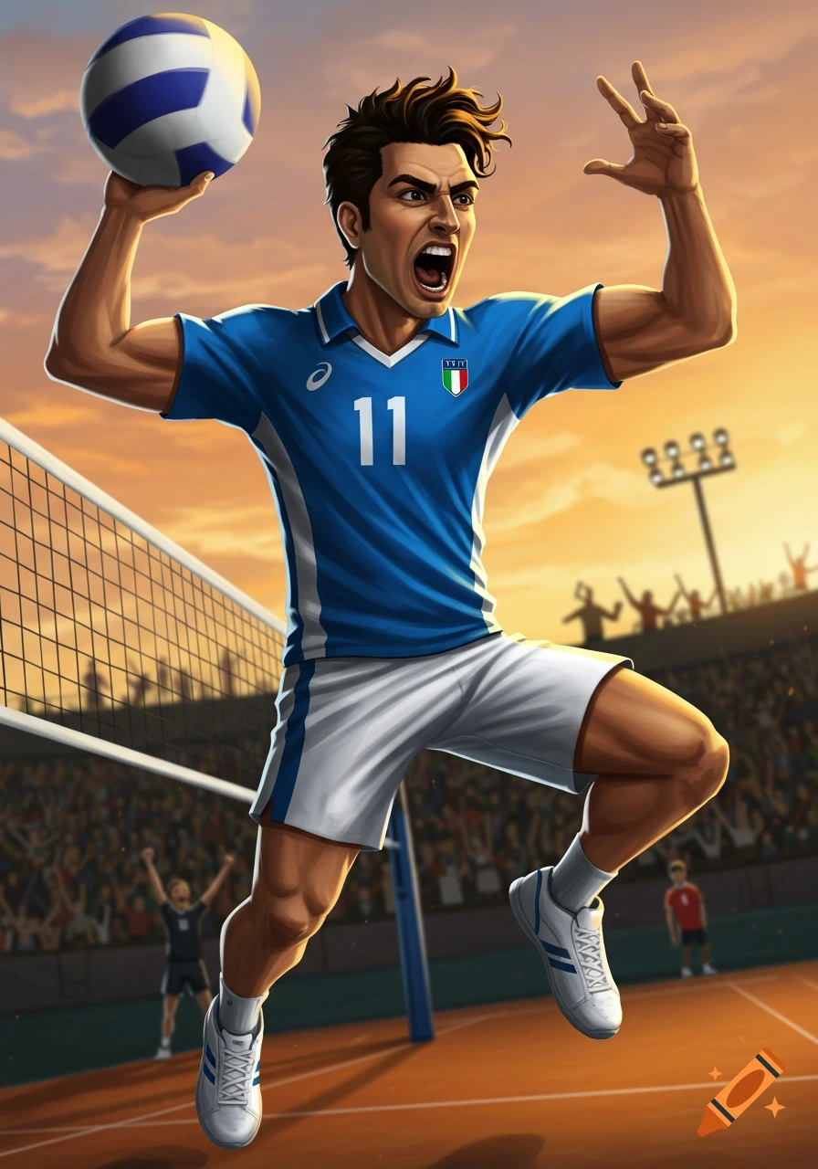 Illustrated image of an Italian male volleyball player spiking a ball ...