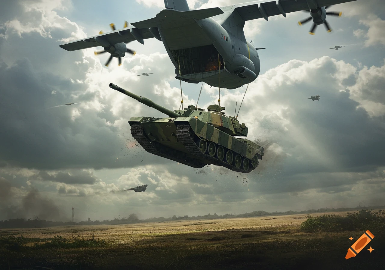 A military transport plane drops a tank over a field under cloudy skies ...