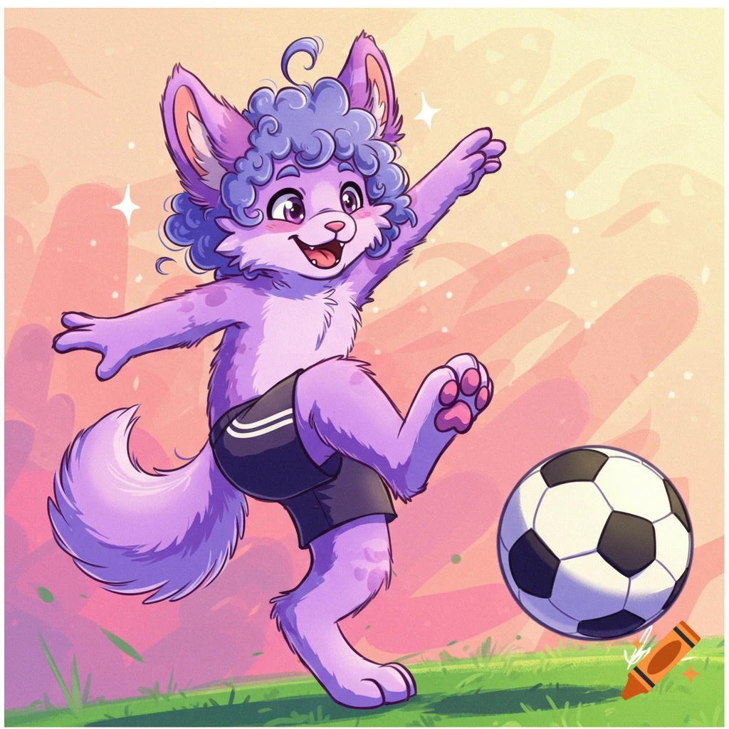 A cute purple furry character with curly hair kicks a soccer ball. on ...
