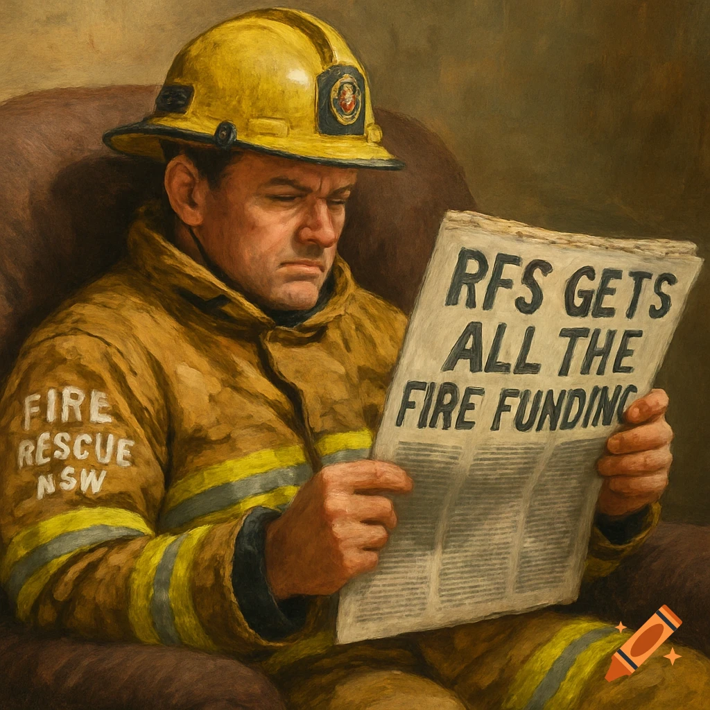 Painting of a firefighter in uniform and helmet reading a newspaper ...