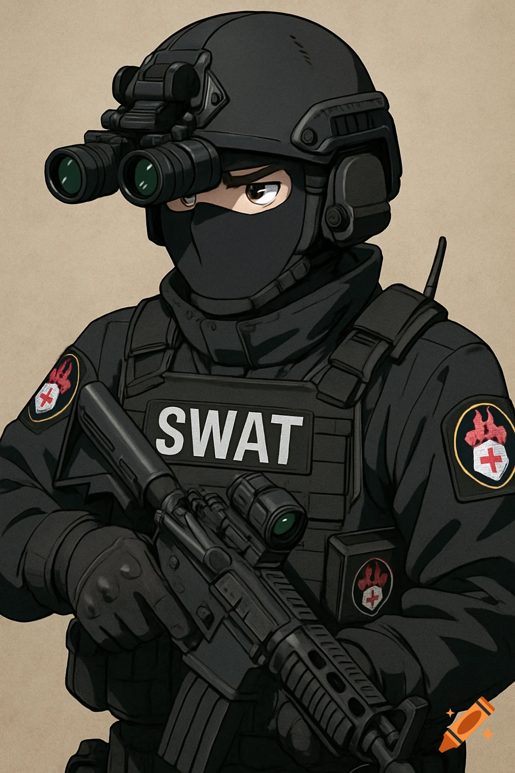 An anime-style drawing of a SWAT team member in tactical gear holding a ...