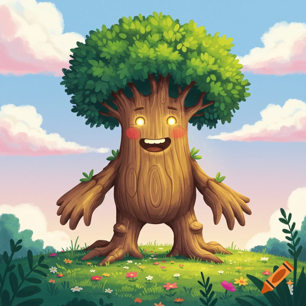 A friendly animated tree character with glowing eyes and rosy cheeks ...