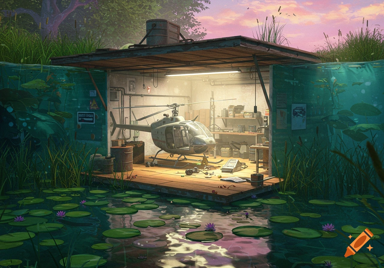 A helicopter inside an open shed built over a pond with lily pads and ...