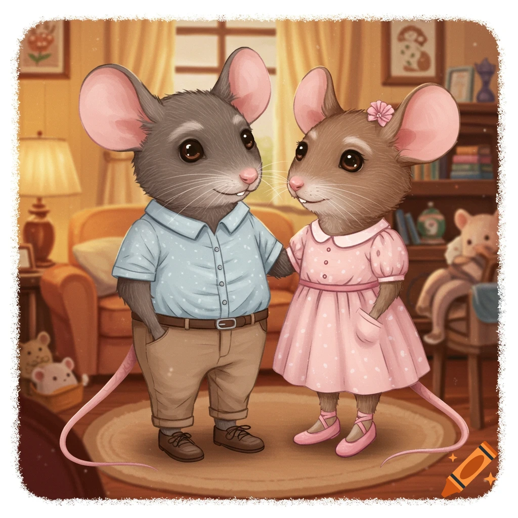 Two cute anthropomorphic mice wearing human clothes stand in a living ...