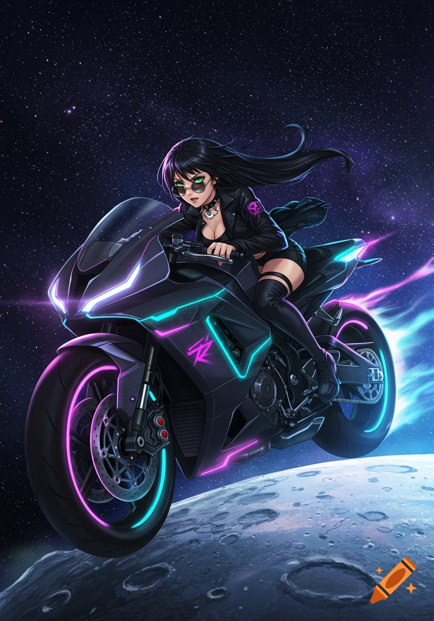 Anime girl riding a black motorcycle through space above the moon on ...