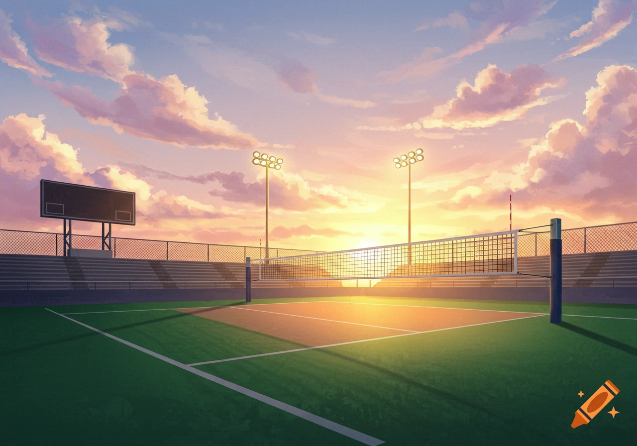 Anime style image of an outdoor volleyball court at sunset with clouds ...