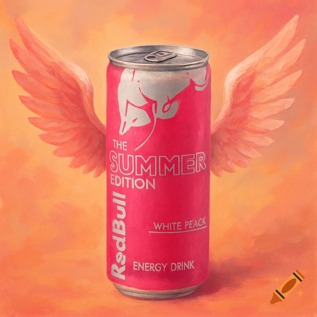 Painting of a pink Red Bull Summer Edition can with white peach flavor ...