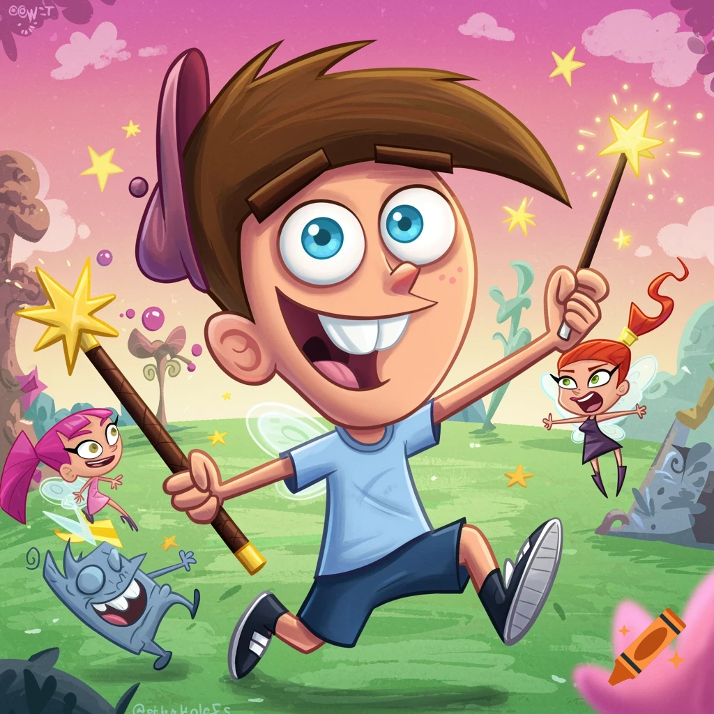 Cartoon boy resembling Timmy Turner running with fairies in a field ...