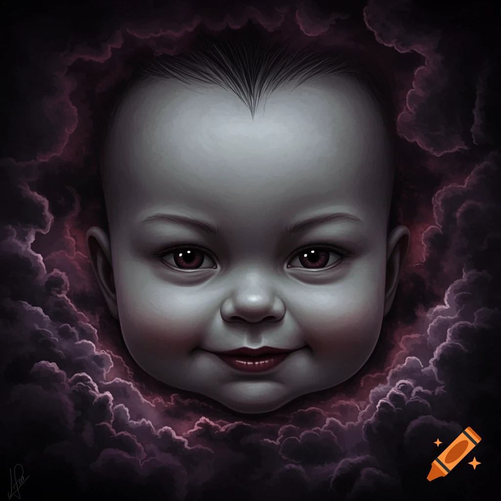 Stylized portrait of an evil-looking baby face with red eyes and dark lipstick, surrounded by ...