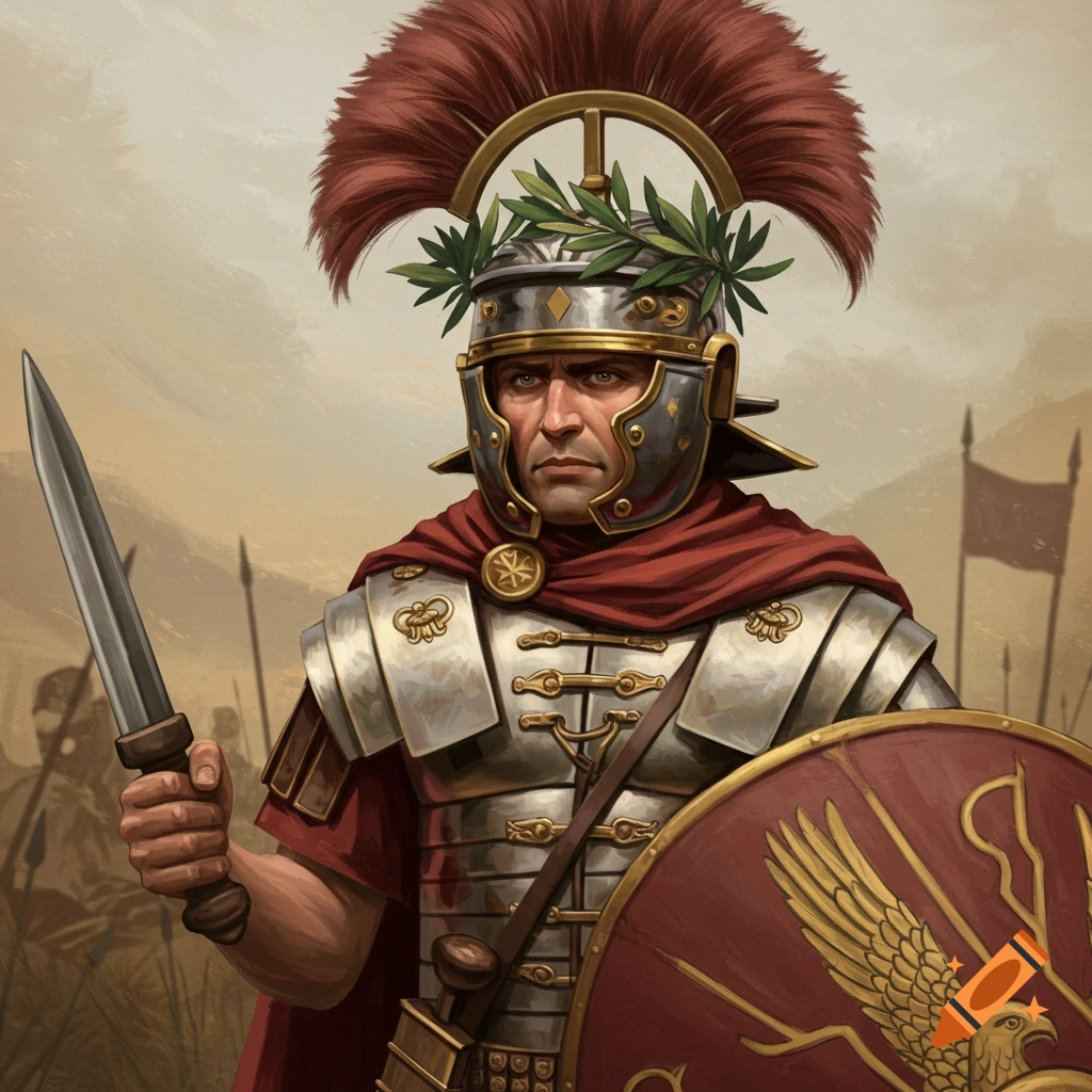 A Roman soldier in detailed armor, helmet, and red cape holds a sword ...