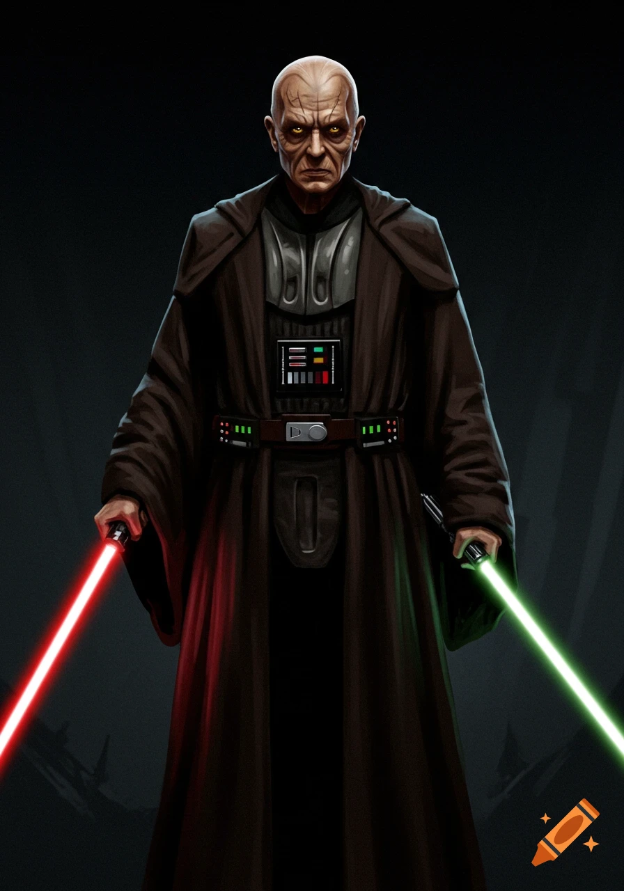 Darth Sidious holding a red and green lightsaber, wearing dark robes ...