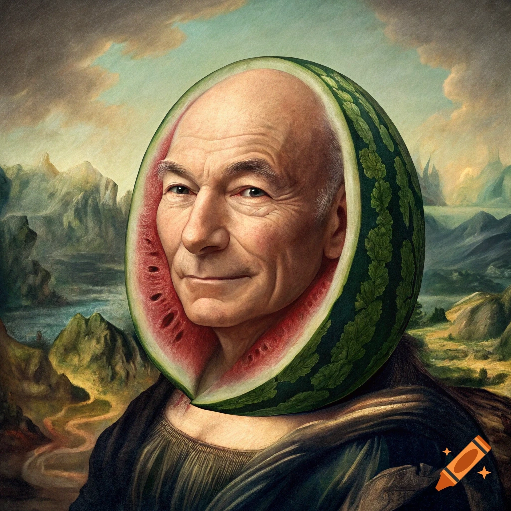 Sir Patrick Stewart's head inside a watermelon in the style of the Mona ...