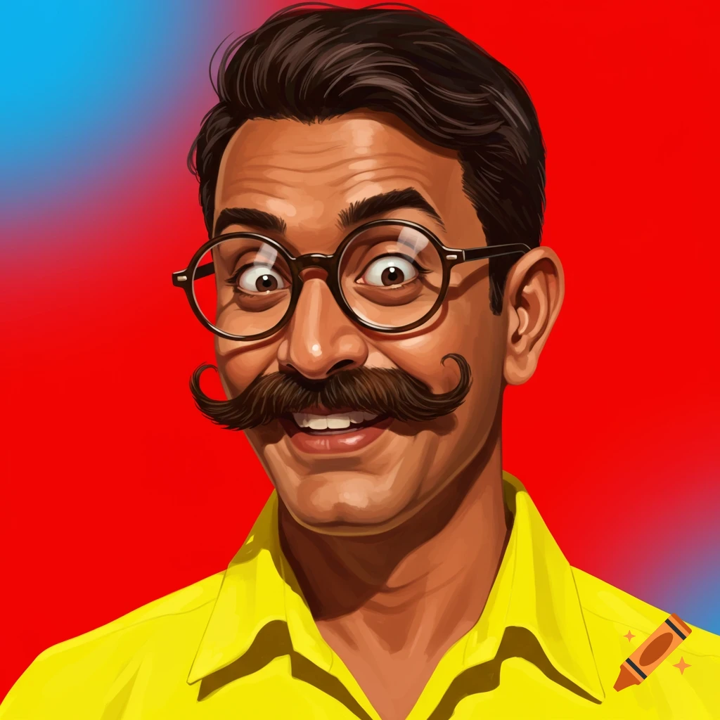 Stylized portrait of a tan man with a large mustache and round glasses ...