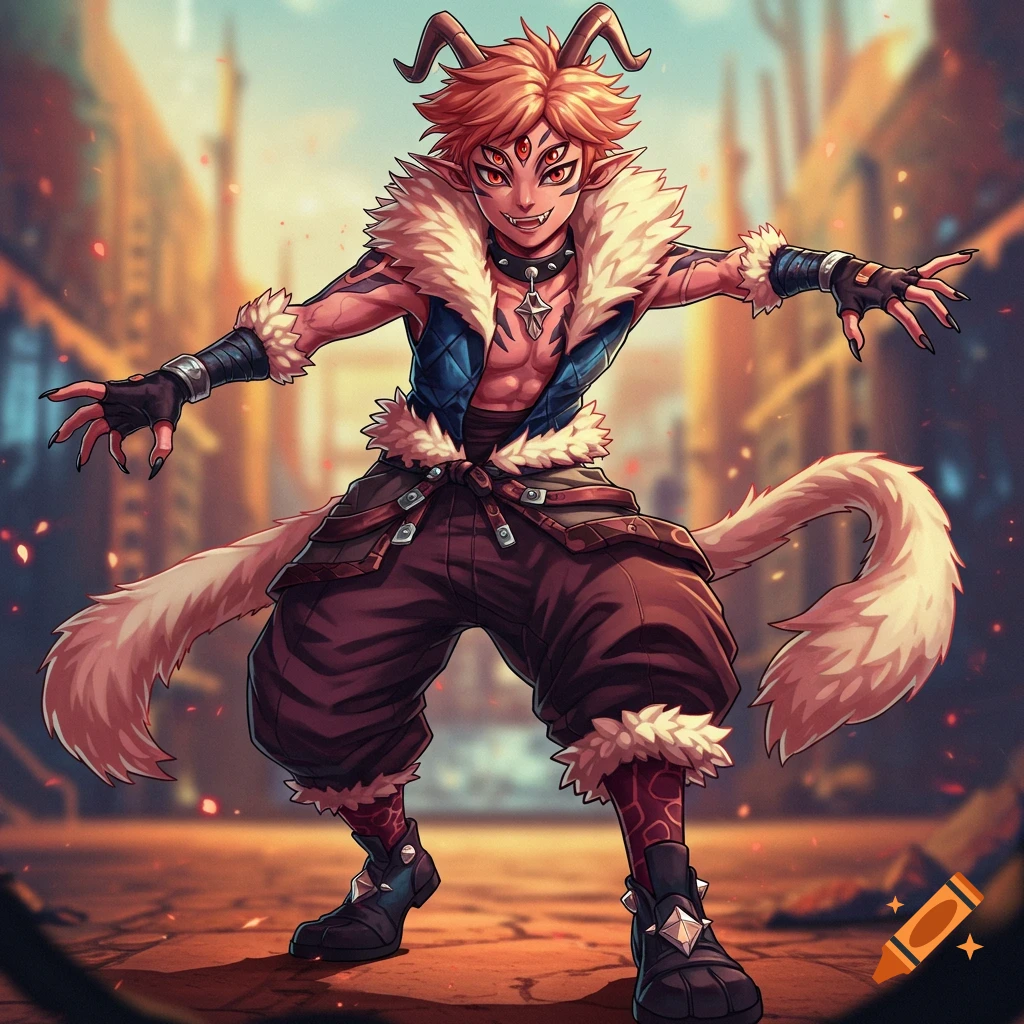 Anime fantasy character with horns, multiple eyes, and tail poses on an ...