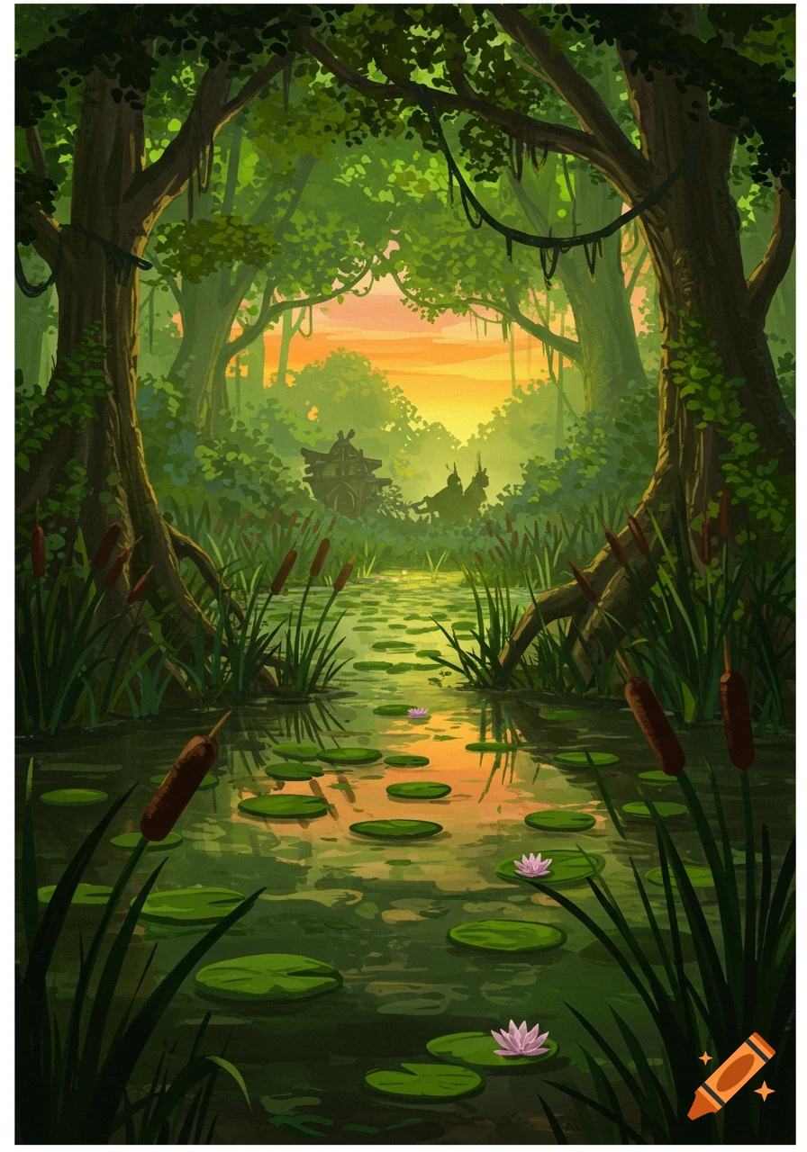 Illustrative painting of a swamp with a waterway, lily pads, and ...