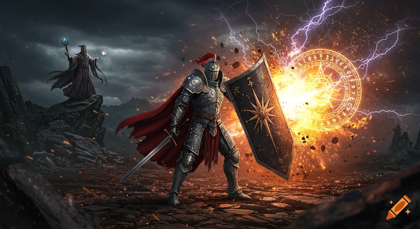 A knight with a large shield defends against a glowing magical blast ...