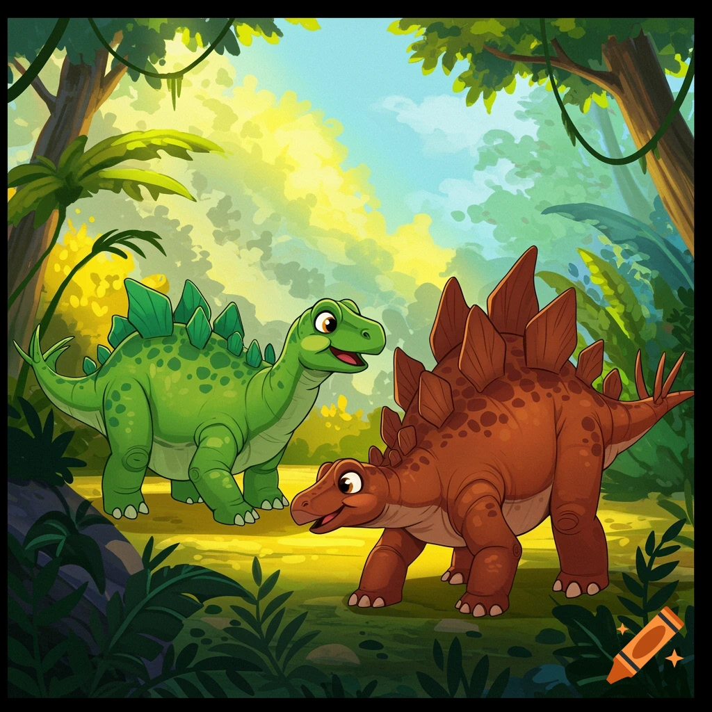 Cartoon illustration of two happy stegosaurus dinosaurs in a sunny ...