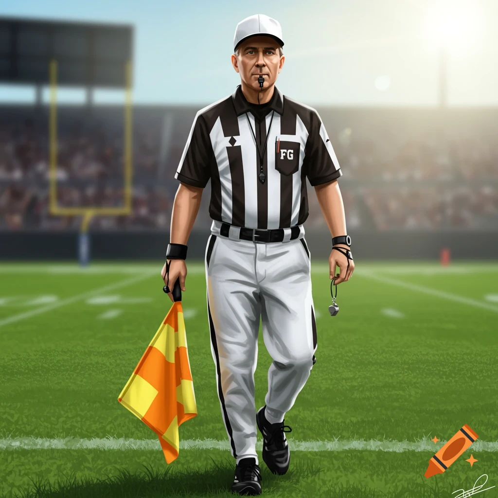 An illustration of a football referee walking on a field, holding a ...