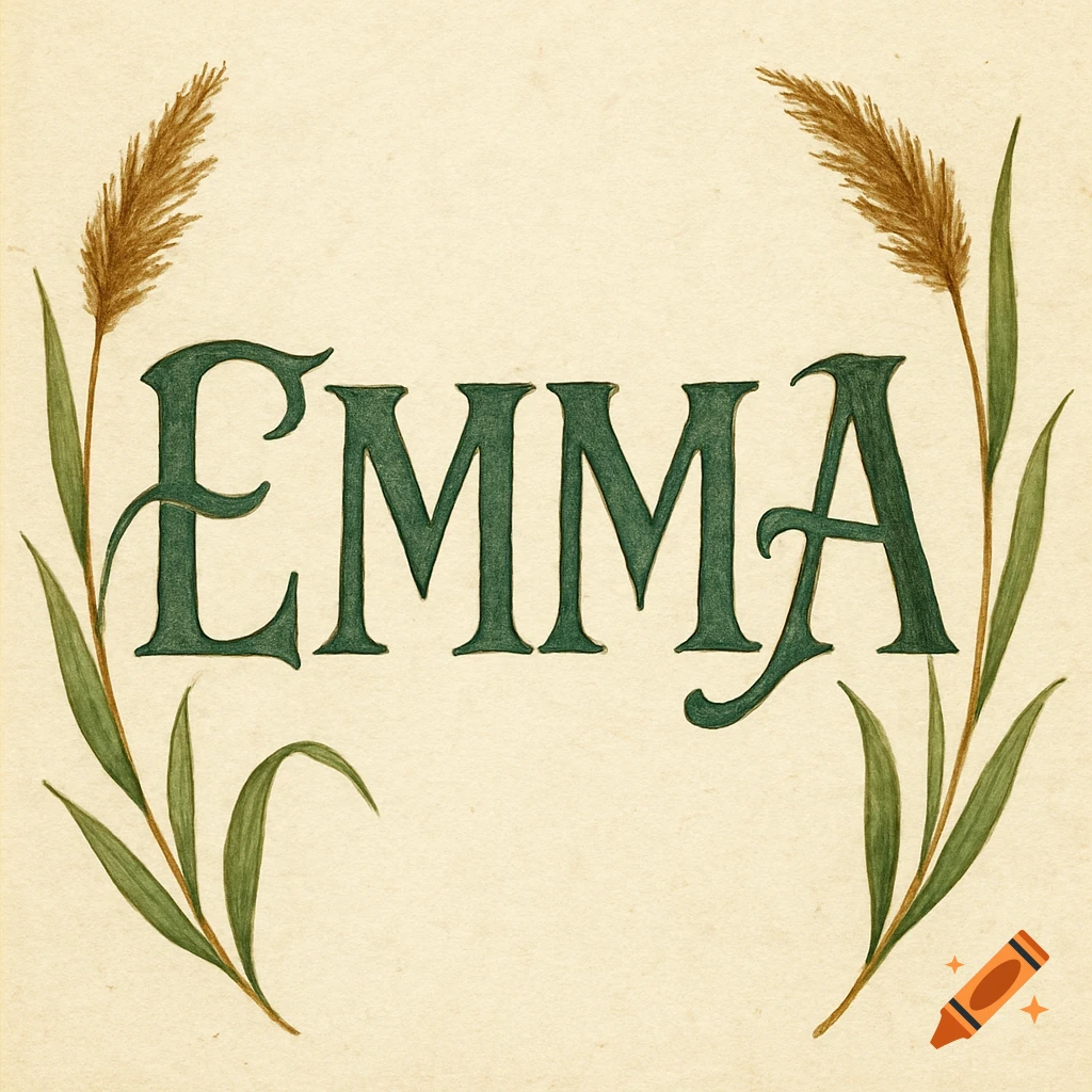 Watercolor illustration of the name EMMA surrounded by reeds. on Craiyon