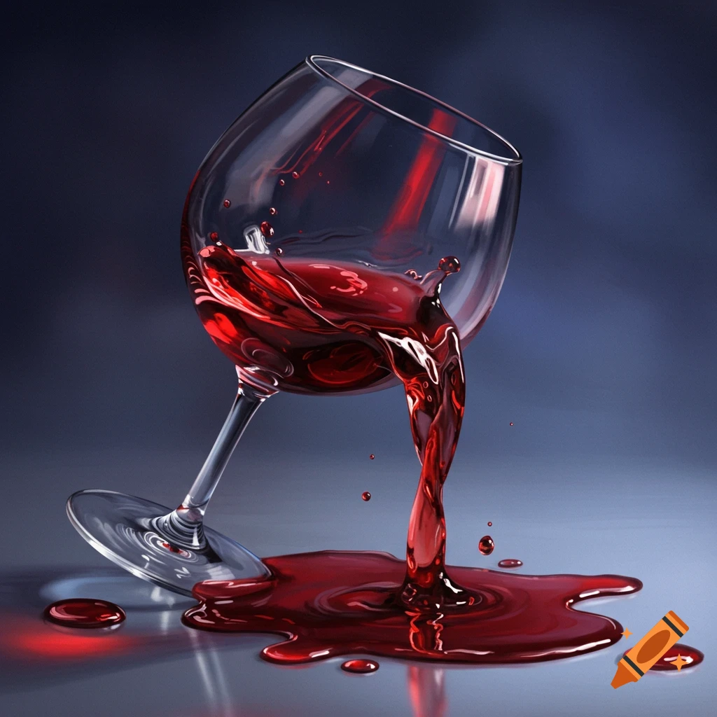 Photorealistic image of red wine spilling from a tilted glass onto a ...
